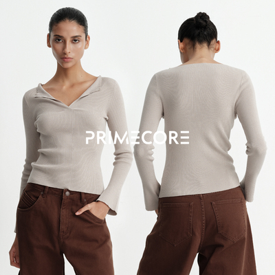 PRIMECORE春秋开领针织长袖上衣v领翻领亨利领针织衫修身基础款