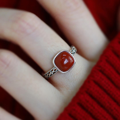 925银复古南红方糖镂空方形戒指