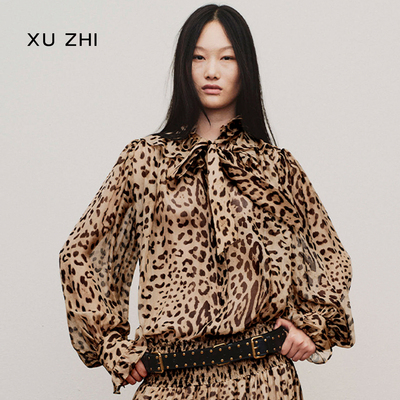 XUZHI法式复古豹纹半高领衬衫