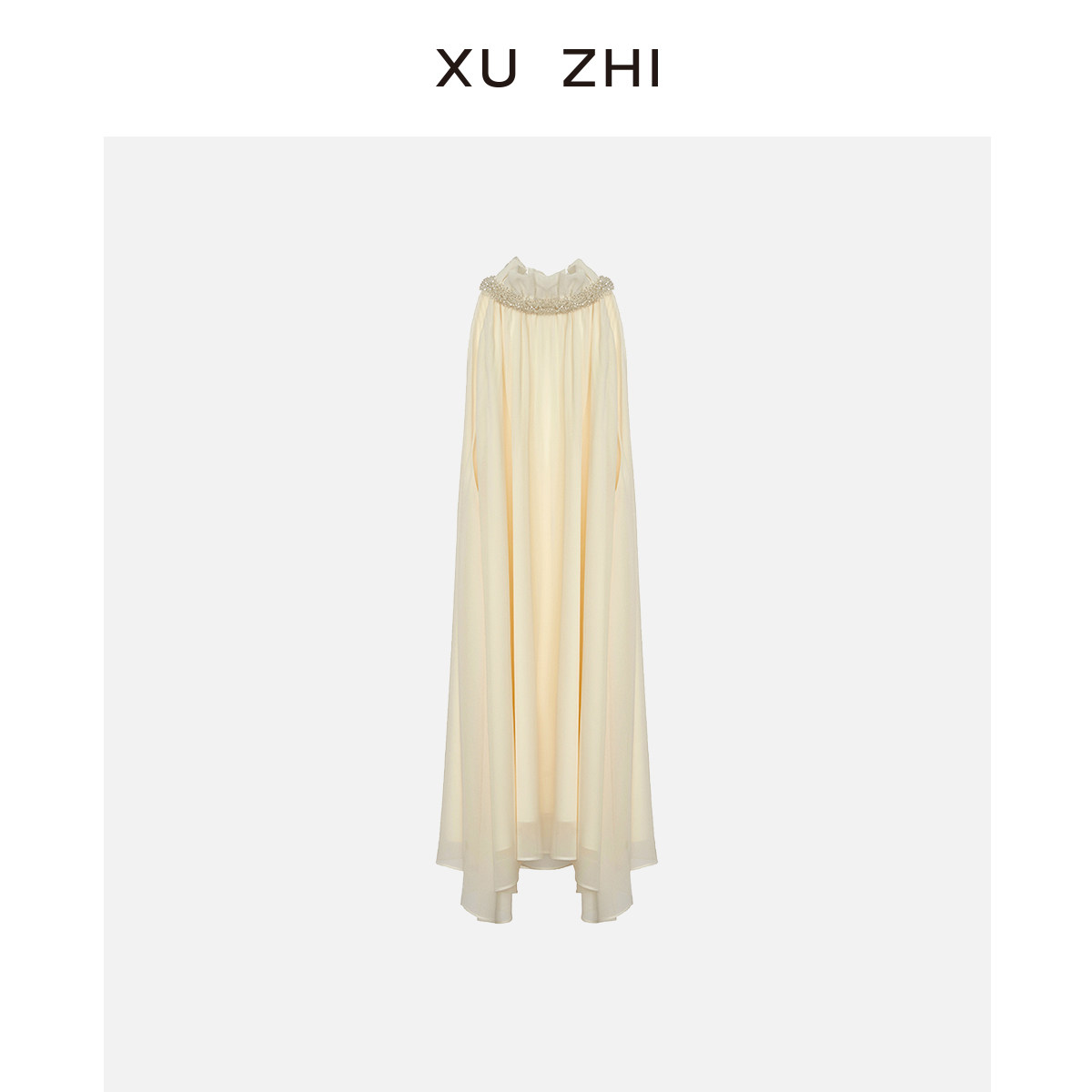 XUZHI 浪漫珠绣装饰挂脖抽皱雪纺长连衣裙_虎窝淘