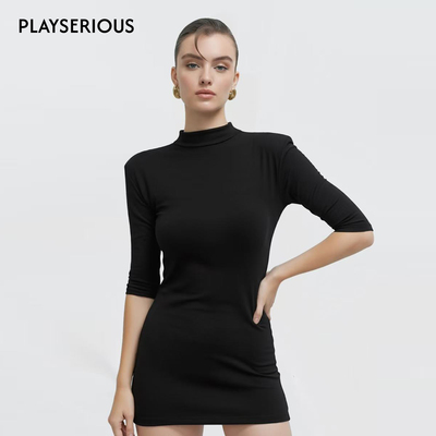 KIKI CHAU 2025秋冬新款中高领打底连衣裙加绒款女修身显瘦短裙