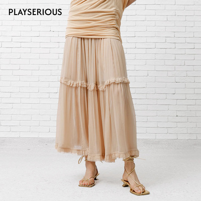 CELLO SONATA 夏季新款木耳边抽褶半裙女浅橘色大摆气质长裙