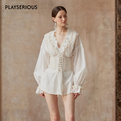 【戚薇同款】fa sogno 2025秋季新款“驰花絮语”衬衣腰封套装女