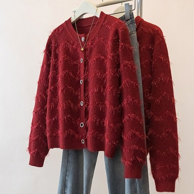 今年流行漂亮新年红毛衣外套女秋冬大码胖mm亮丝毛毛针织开衫上衣