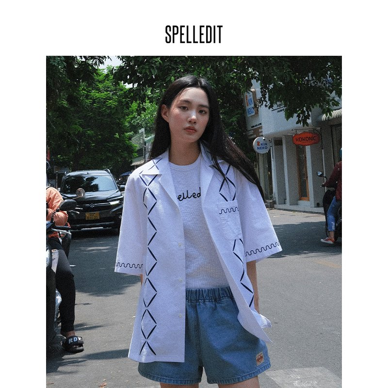 SPELLEDIT夏款菱形刺绣半袖衬衫高级别致短袖宽松女