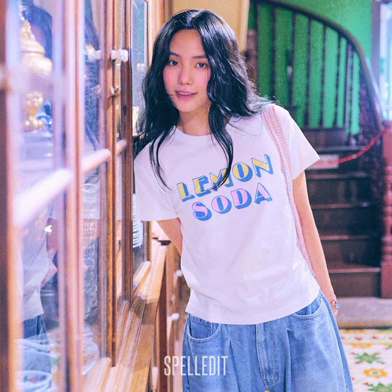 SPELLEDIT夏季新品柠檬汽水T恤复古甜酷风时尚印花修身上衣女