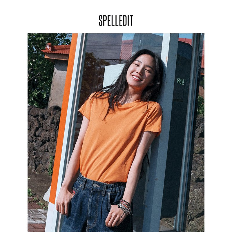 SPELLEDIT夏季新品斜开叉T恤简约日常韩版短袖上衣女