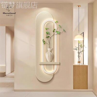 网红级奶油风入感户正对门水玄关装饰画高植灯光画培绿壁画创意挂