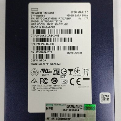 1.92T SATA 6G P07444 MK001920GWUGK 服务器SSD 2.5 5200MAX议价