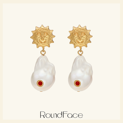 RoundFace炼金术系列天然巴洛克珍珠耳环法式复古手工金色笑脸女