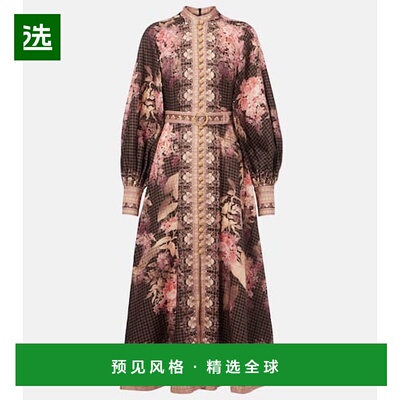 1h可退 香港直邮ZIMMERMANN 女士 Illuminate 花朵亚麻中长连衣裙