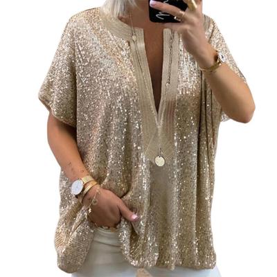 V-neck sequin panel solid color top V领亮片拼接纯色短袖上衣