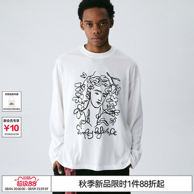 EMPTY REFERENCE白色打底上衣手绘缪斯人像印花雪花棉宽松长袖T恤