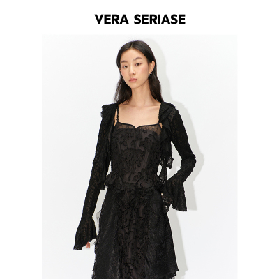 【Vera Seriase设计师品牌】2025夏季新款修身黑色蕾丝花边上衣