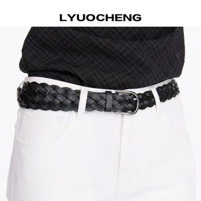 LYUOCHENG 春夏复古牛皮做旧双排编织腰带