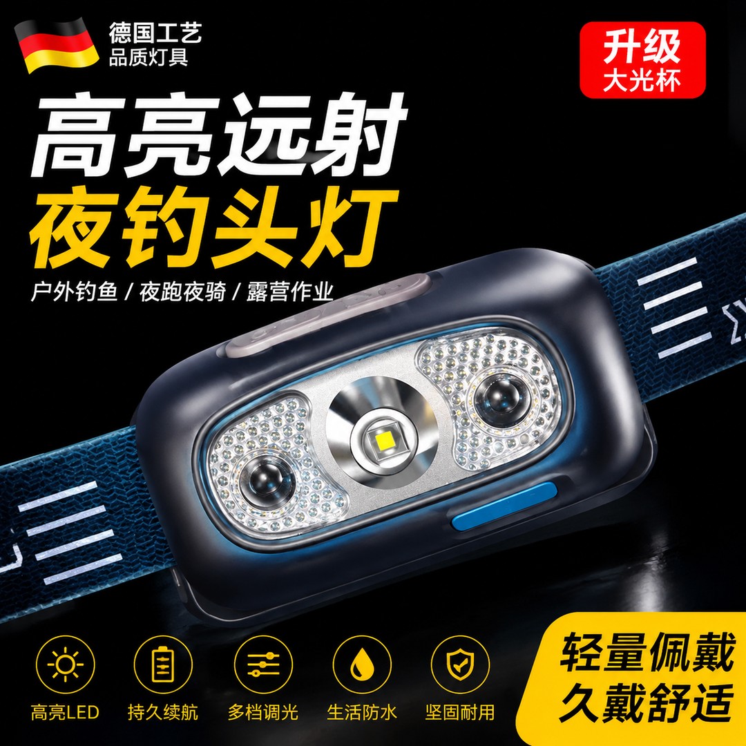 德国感应头灯头戴式强光超亮可充电夜钓鱼专用超轻便携式防水正品