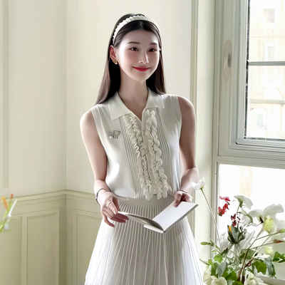 木耳边针织无袖上衣半身裙套装