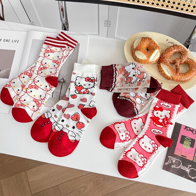 小赵家日系动漫kt猫卡通图案小猫咪粉色可爱棉袜女中筒堆堆袜