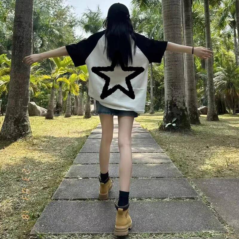 美式复古印花短袖T恤女夏季2026新款宽松撞色拼接纯棉圆领上衣服