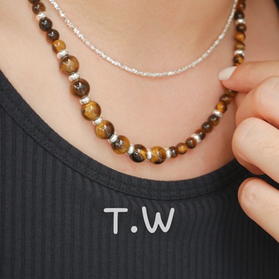 T.W新款925纯银极简设计欧美渐变虎眼石串珠小众新潮设计感项链
