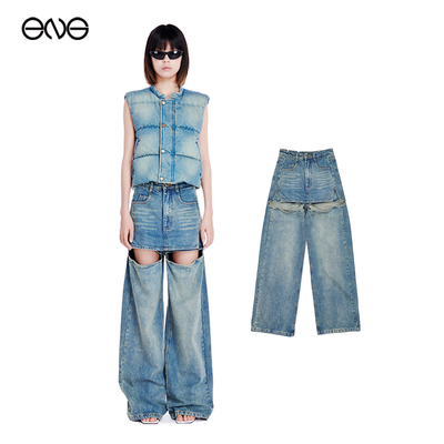 破洞水洗直筒牛仔裤宽松休闲