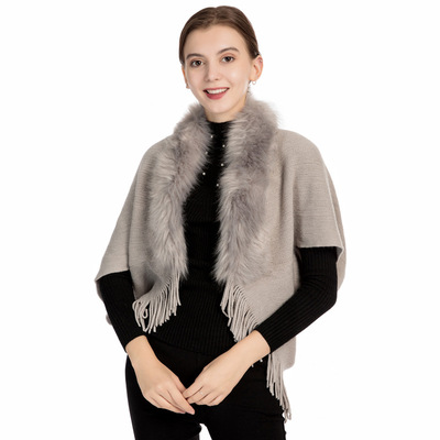 Faux fox fur collar warm monochrome knit suit acrylic tasse