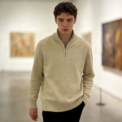 意式老钱风立领半拉链男针织衫