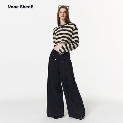 Vone SheeE 拉毛感弹力亲肤软糯高腰长袖T恤条纹短款上衣女秋冬