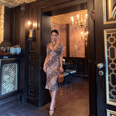 孙智惠蛇纹动物元素连衣裙烟灰色