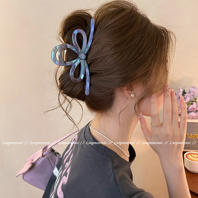 感珠光紫蝴蝶结抓夹女2025新款大号盘发鲨鱼夹后脑勺气质发夹