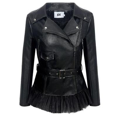 mesh zipper women leather stitching jacket for hem Lapel