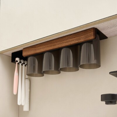 cmeo胡桃木化妆室磁吸漱口杯牙刷子牙杯置物架浴室镜柜底收纳层架