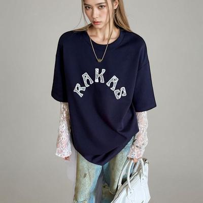 BWZ 2026春夏新款休闲时尚百搭设计感印花蕾丝袖假两件T恤上衣