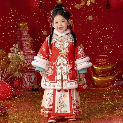 小海兰汉服女童秋冬加厚明制套装儿童国风格格马面裙红色拜年服