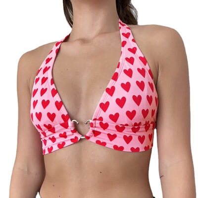 Heart Print Cute Bustier Crop Top Women Lace Up Bralette