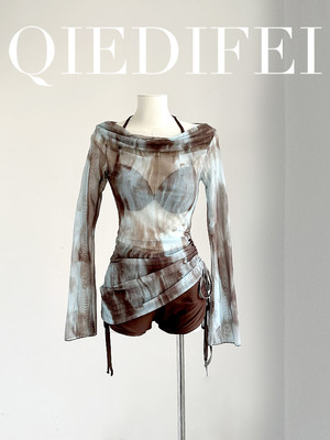 【美拉德】比基尼三件套长袖网纱遮肉温泉度假平角裤分体泳衣海边