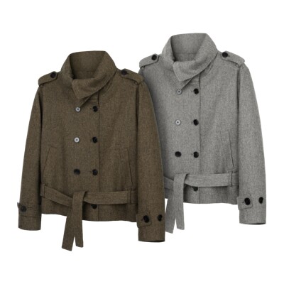 DESERTO 50%羊毛混纺人字纹披肩翻领双排扣系带短风衣夹克外套男