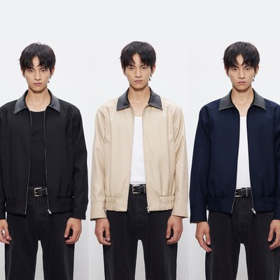 DESERTO 编织皮领拼接巴恩风格纹内衬合身收腰休闲夹克外套男