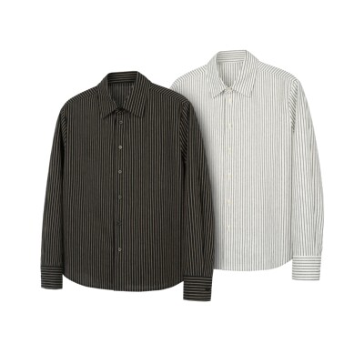 DESERTO 55%亚麻棉麻混纺老钱风条纹正肩翻领衬衫天然果实扣男