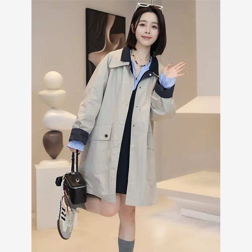 韩国风格可逆风衣的妇女,2025年秋季新宽松合身,修身,中等长度