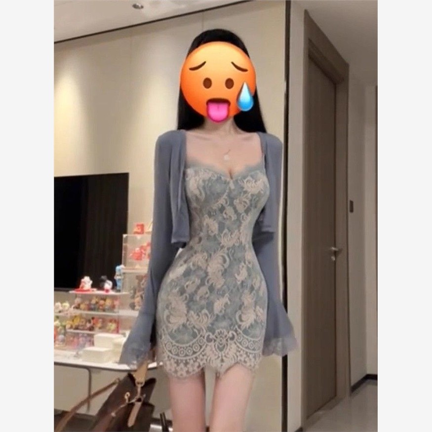 开衫吊带包臀蕾丝连衣裙两件套女早秋气质辣妹高级感巨好看套装