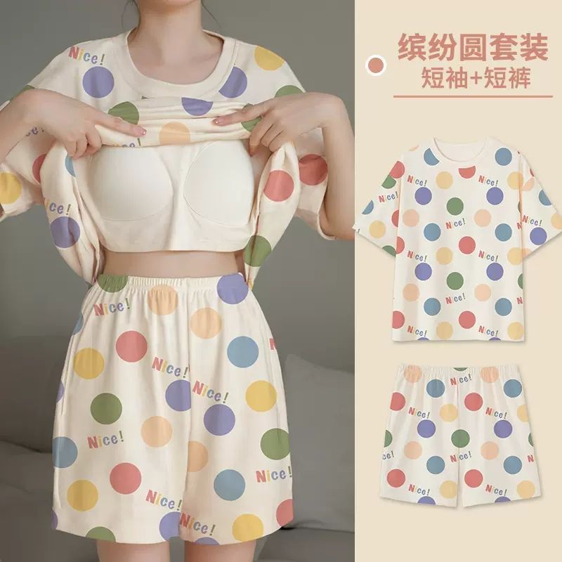2026年夏季带胸垫睡衣女加大码短袖短裤卡通甜美睡衣家居服可外穿