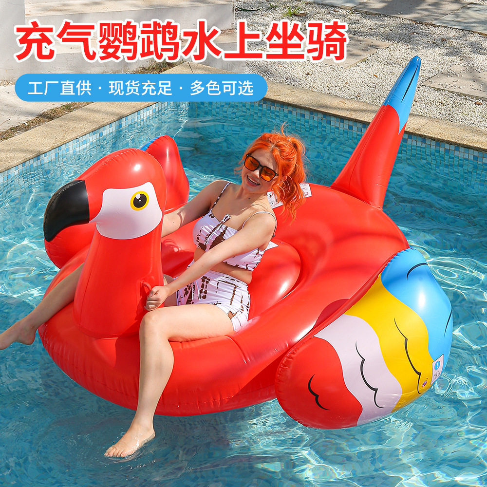 现货水上充气玩具鹦鹉坐骑浮排红色鸟浮床充气游泳圈救生圈漂浮