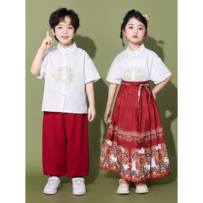 六一儿童中国风演出服女童红色马面裙大合唱表演汉服男童套装朗诵