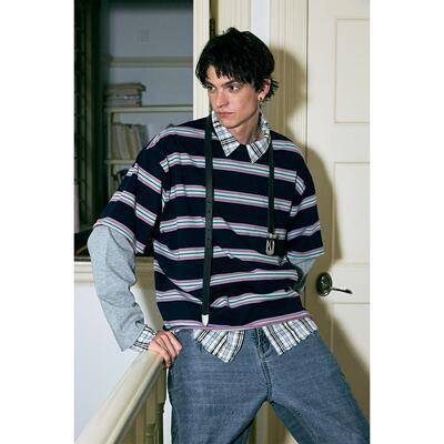 Liberty line24aw欧美街头短宽剪裁轻破坏清爽条纹假两件长袖T恤