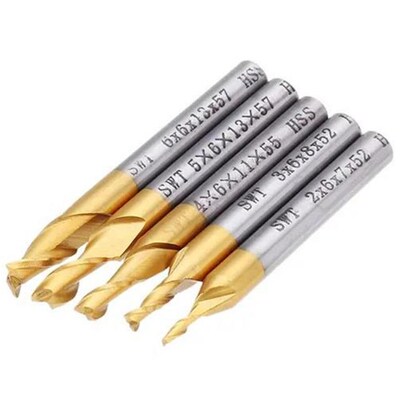 5Pcs 2 Flute Milling Cutter HSS Titanium Coated 6mm Shank 2/