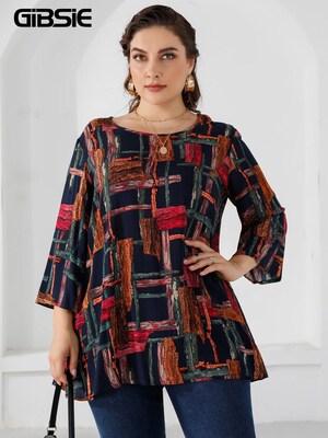GIBSIE Plus Size Women Casual Print Round Neck T-shirt Sprin