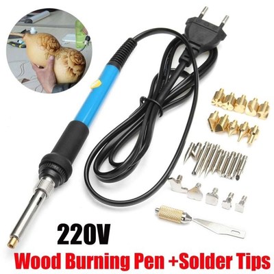 60W 220V 28Pcs Electric Soldering Iron Temp Adjust Wood Embo
