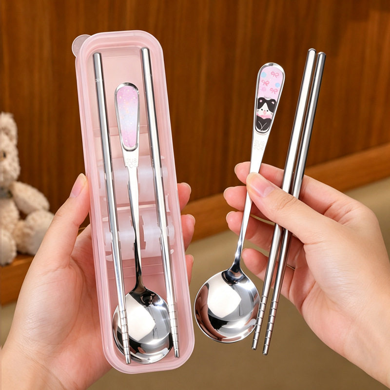 滴胶卡通勺筷餐具两件套不锈钢勺子筷子餐具套装女学生儿童用餐具