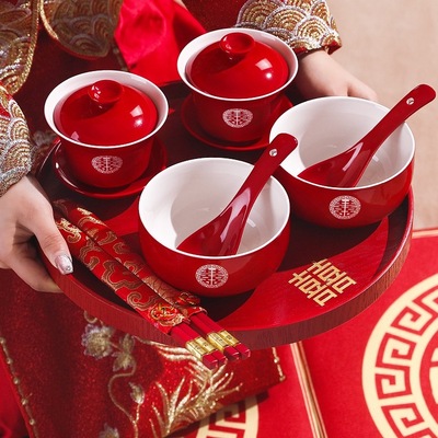敬茶杯一对结婚喜碗陪嫁碗筷茶具套装婚礼用品改口敬酒红色盖碗
